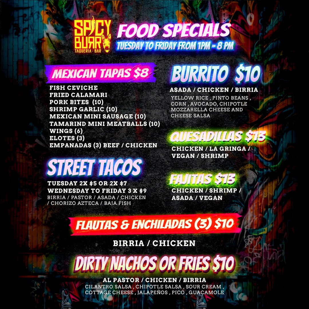 menu - Spicy Burro - Taqueria + Bar